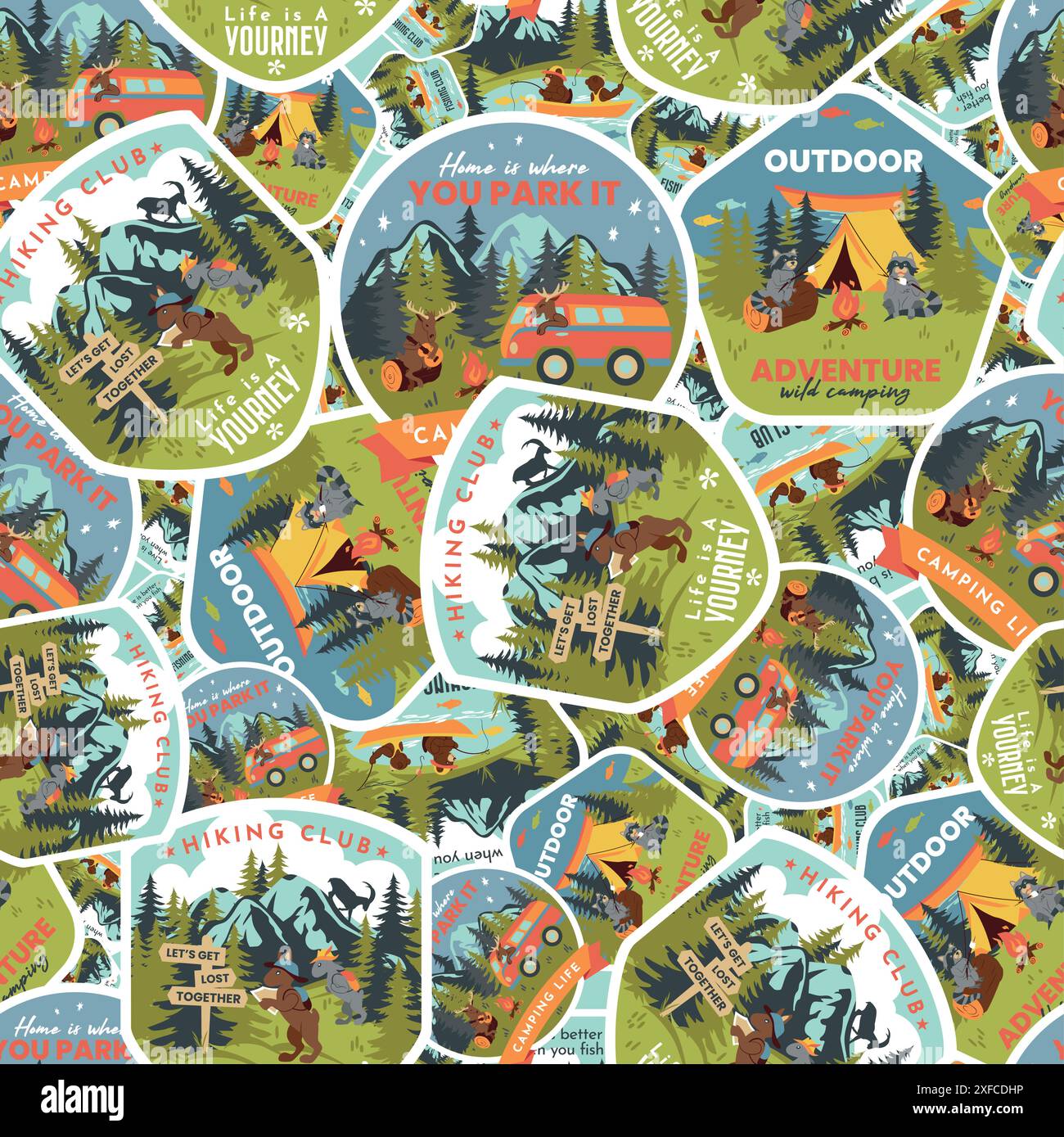 Stacked Camping Life Badges Seamless Pattern Design Stock Vector Image ...
