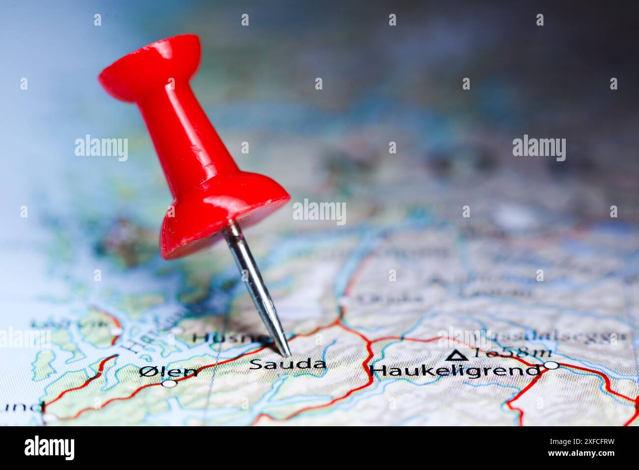 Sauda, Norway pin on map Stock Photo - Alamy