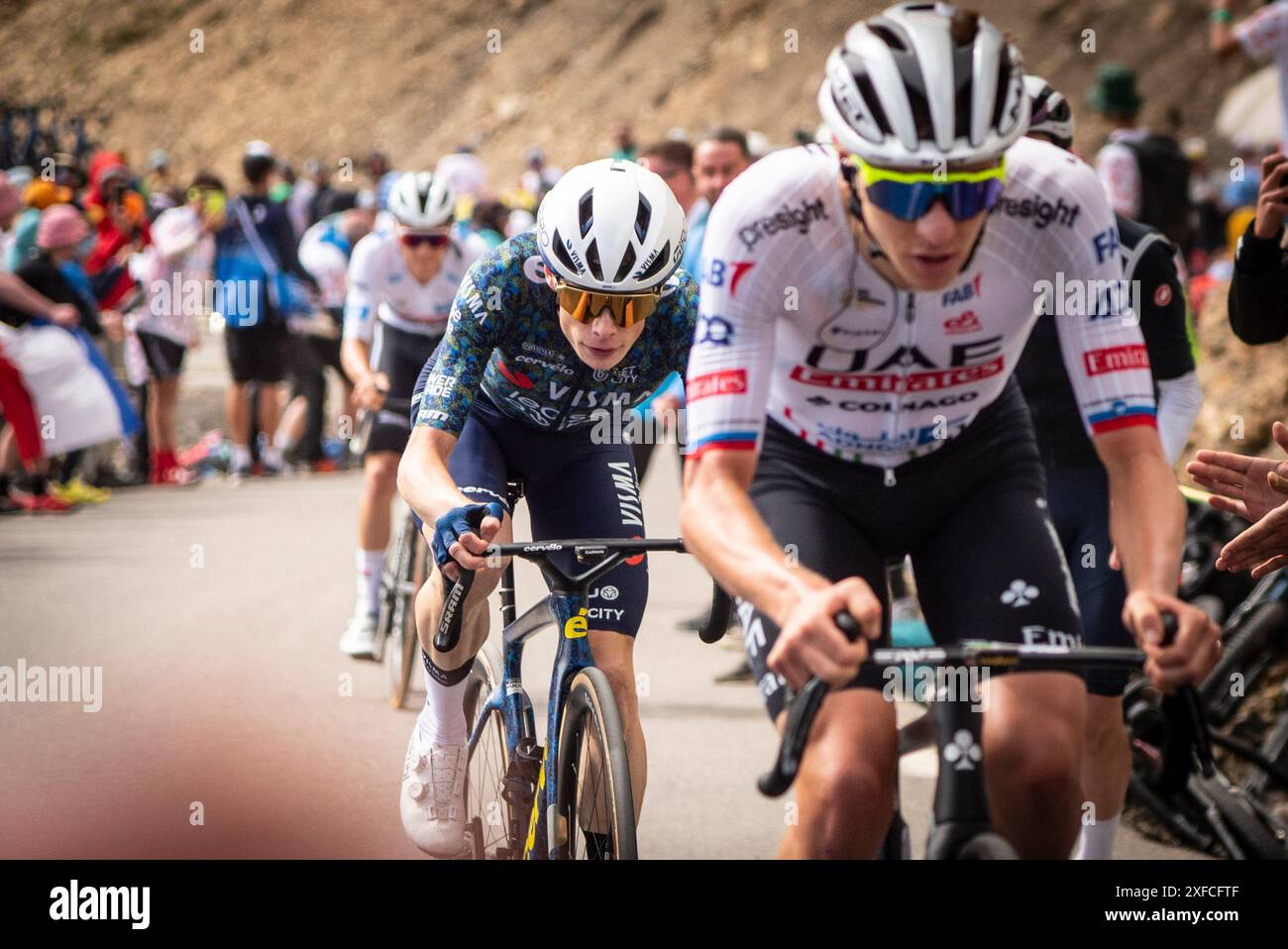 Col Du Galibier, Turin, France. 2nd July, 2024. Tadej Pogacar and Jonas ...
