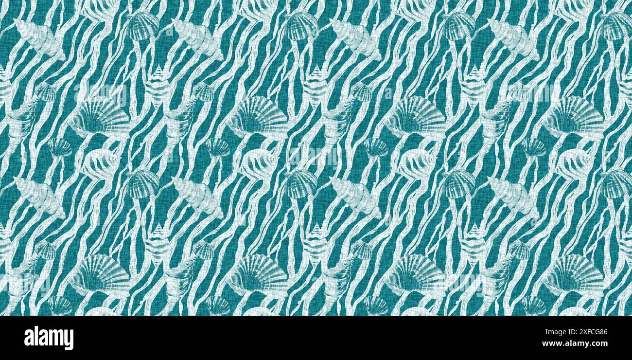 Teal turquoise blue white shell motif with linen seamless batik border ...