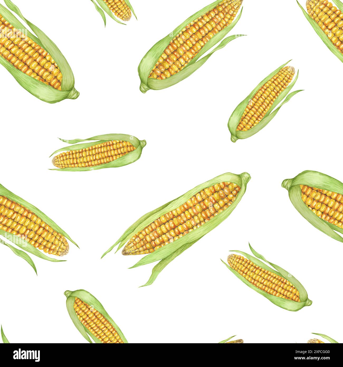 Yellow corn seamless pattern, green husk textile, golden cobs ...