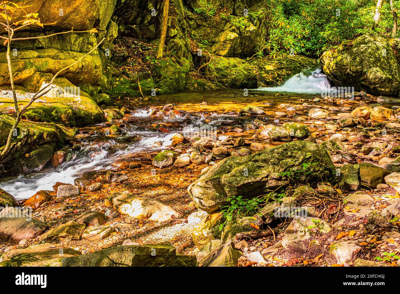 Wide view of Rocky Fork Falls and cascades in Rocky Fork State Park ...