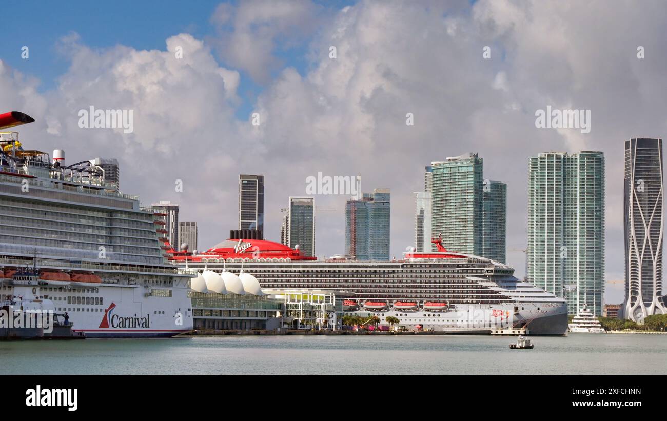 Miami, Florida, USA - 3 December 2023: Cruise ships docked in the port ...