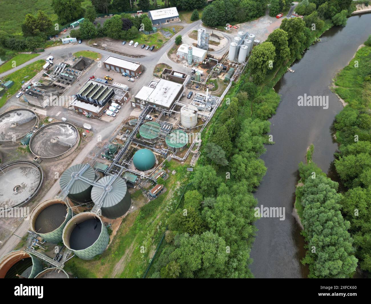 River Wye Hereford UK aerial view of Welsh Water sewage treatment waste ...