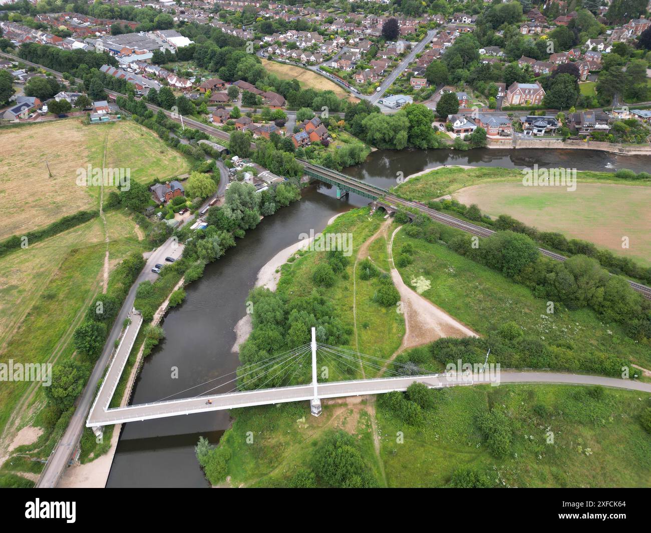 River Wye aerial view as it pass through Hereford past the modern ...