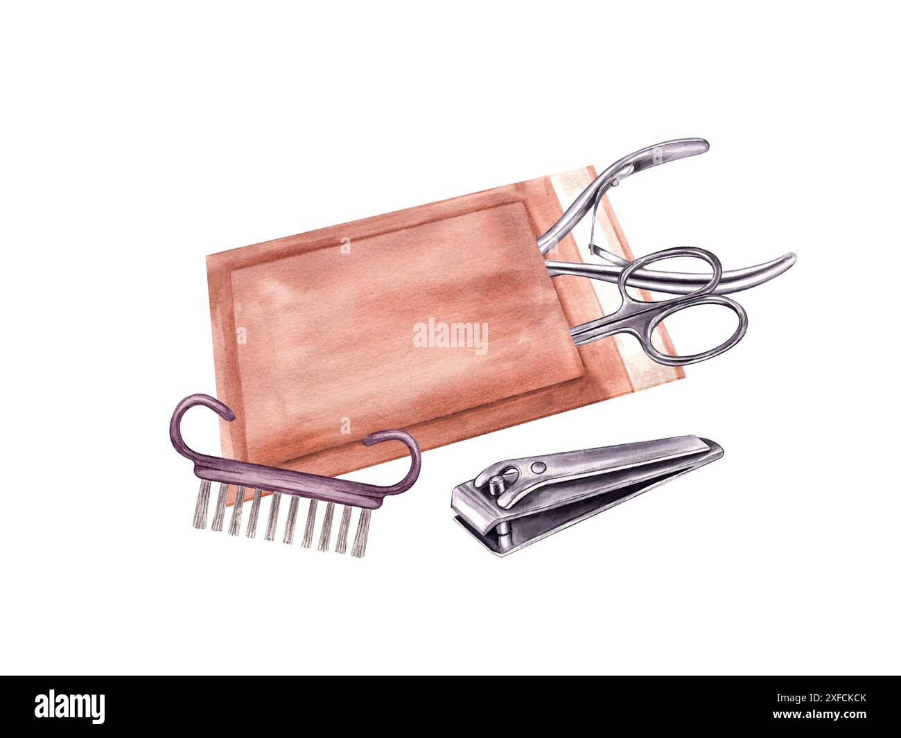 Manicure instruments in horizontal paper heat drybag. Metal glossy ...