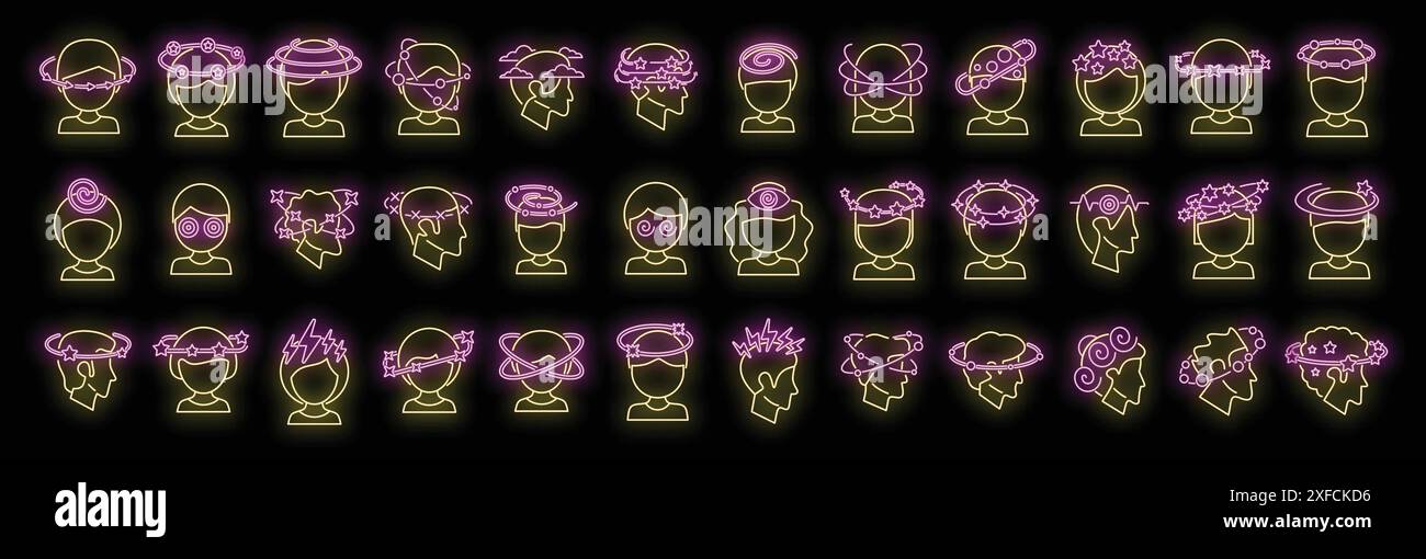 Dizziness icons set outline vector. Brain headache. Face dead neon ...