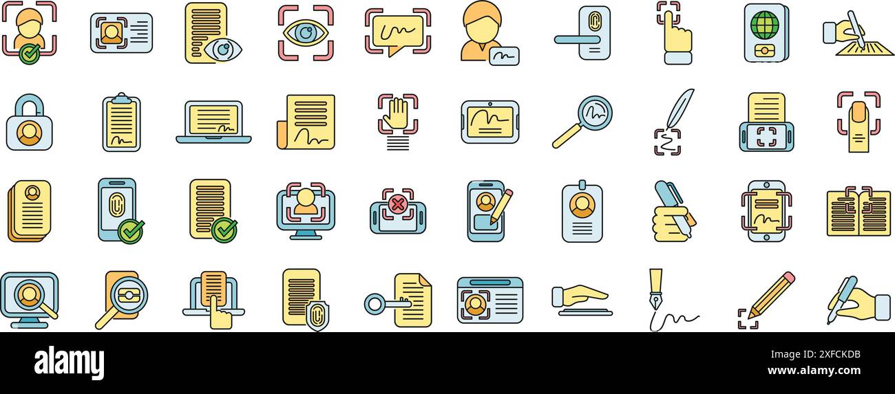 Handwriting Identification Icons Set Outline Vector Access Approve