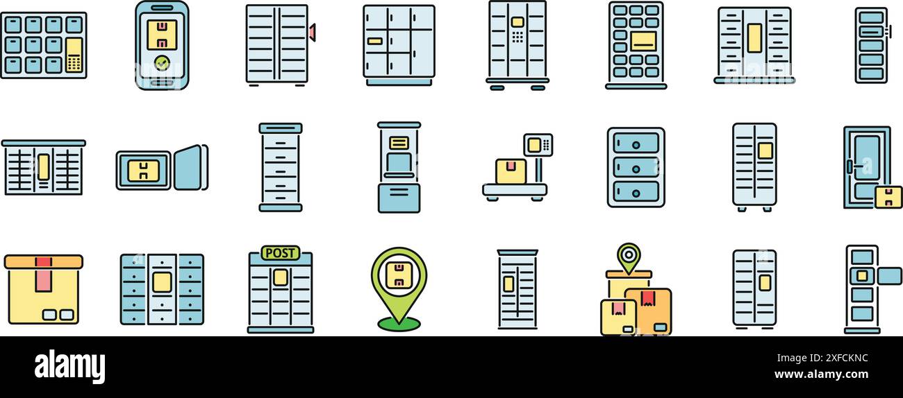 Self-service parcel delivery icons set outline vector. Locker automat. Parcel station thin line ...