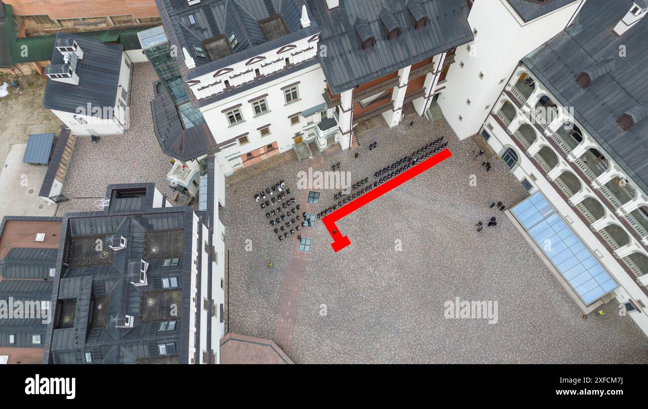Drone photography of orchestra reception by a red carpet in a historic ...