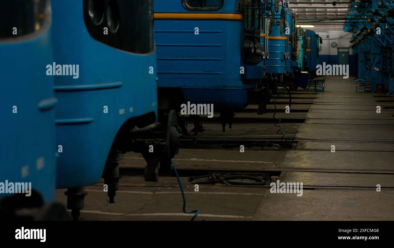 Metro cars are lined up in the depot. Technical room for repairing ...