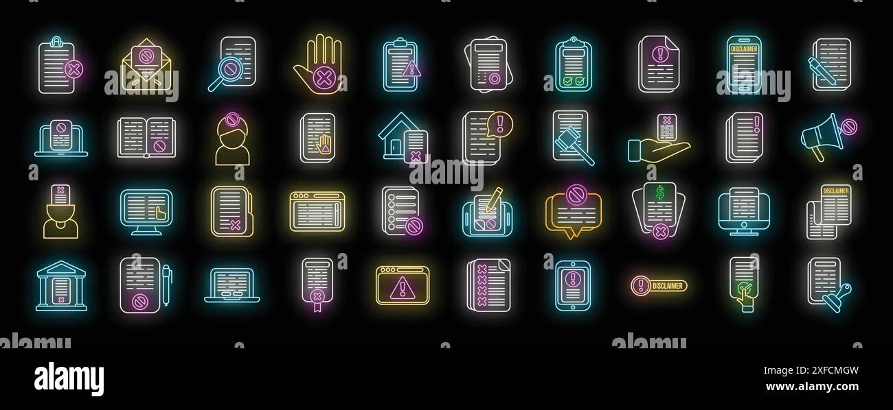 Disclaimer icons set outline vector. Waiver defence. Justice house neon ...