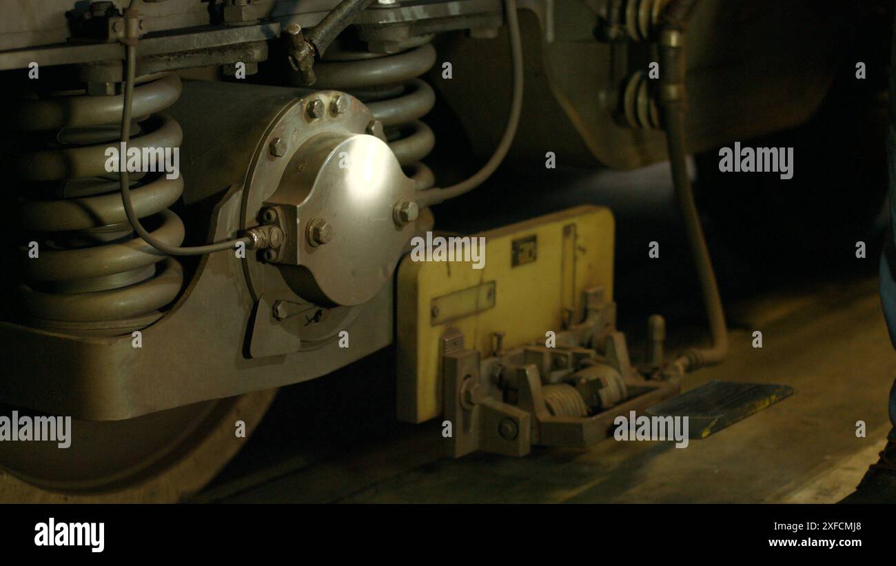 Train wheels and springs. Checking the train. Braking system Stock ...