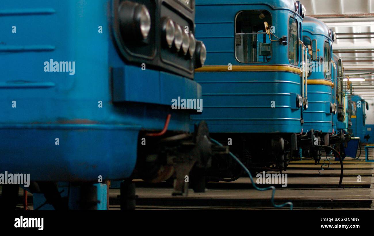 Metro cars are lined up in the depot. Technical room for repairing ...