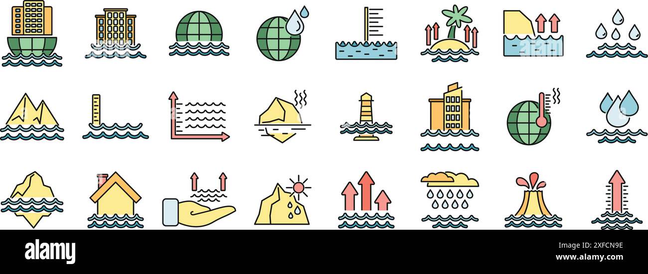 Sea level rise icons set outline vector. Water level. Nature disaster ...