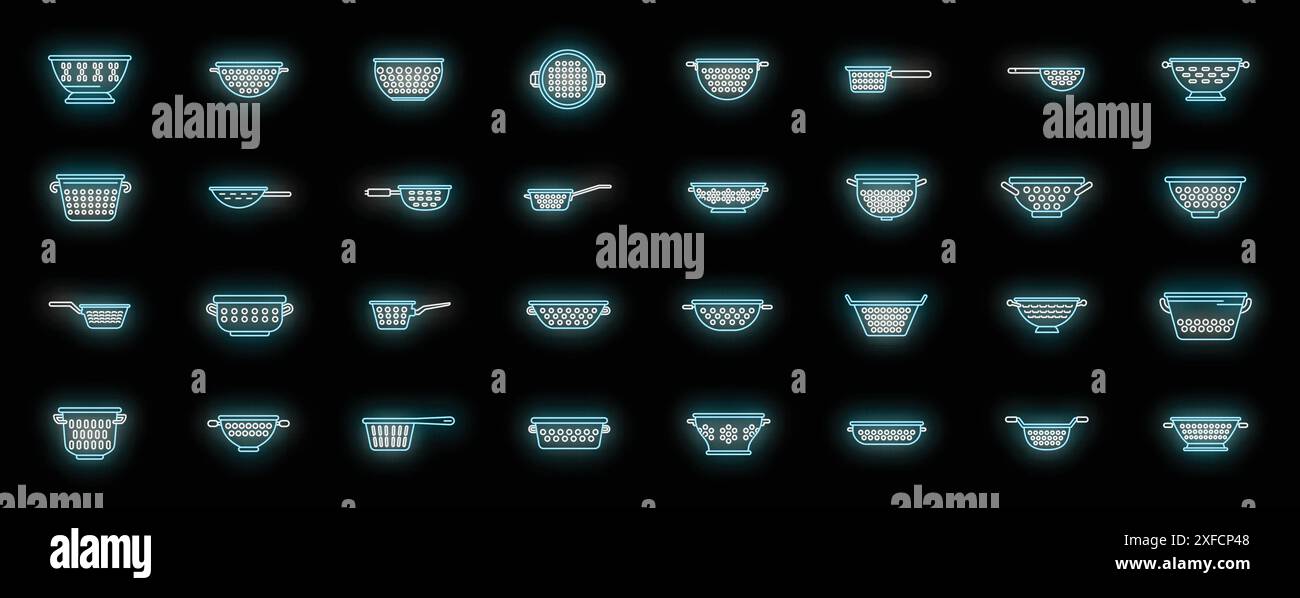 Colander icons set outline vector. Cook strainer. Food cooking neon ...
