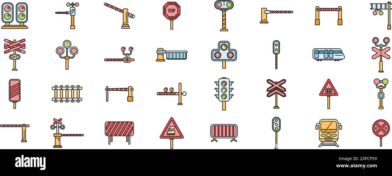 Railway crossing icons set outline vector. Signal alert. Gate rail thin ...
