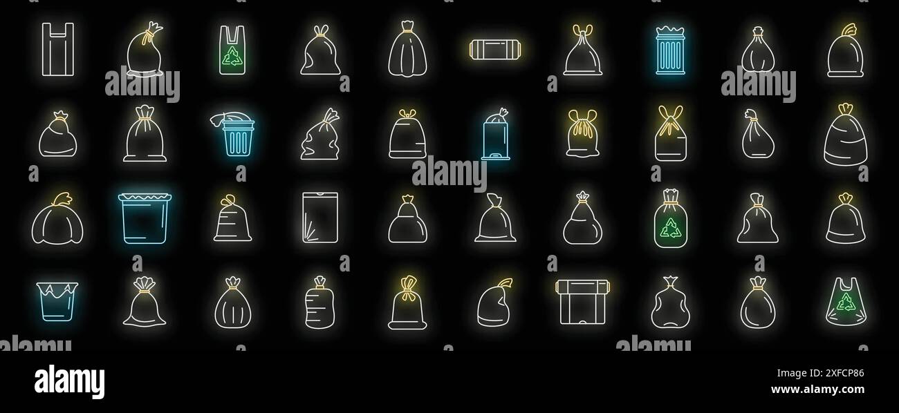 Bag for trash icons set outline vector. Food garbage. Dirty dustbin ...