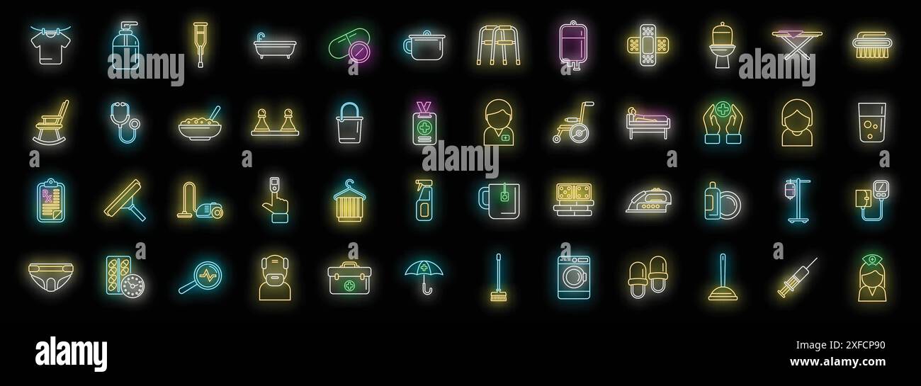 Home care services icons set outline vector. Care senior. Patient neon ...
