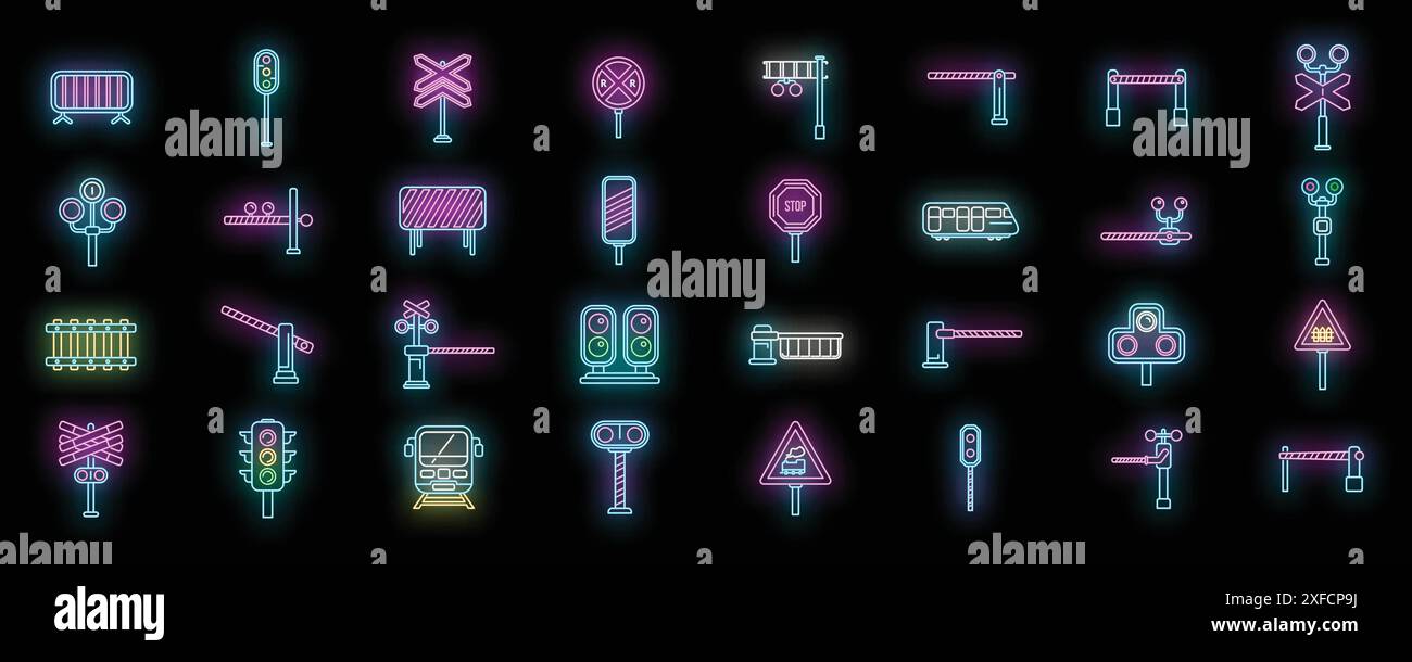 Railway crossing icons set outline vector. Signal alert. Gate rail neon ...
