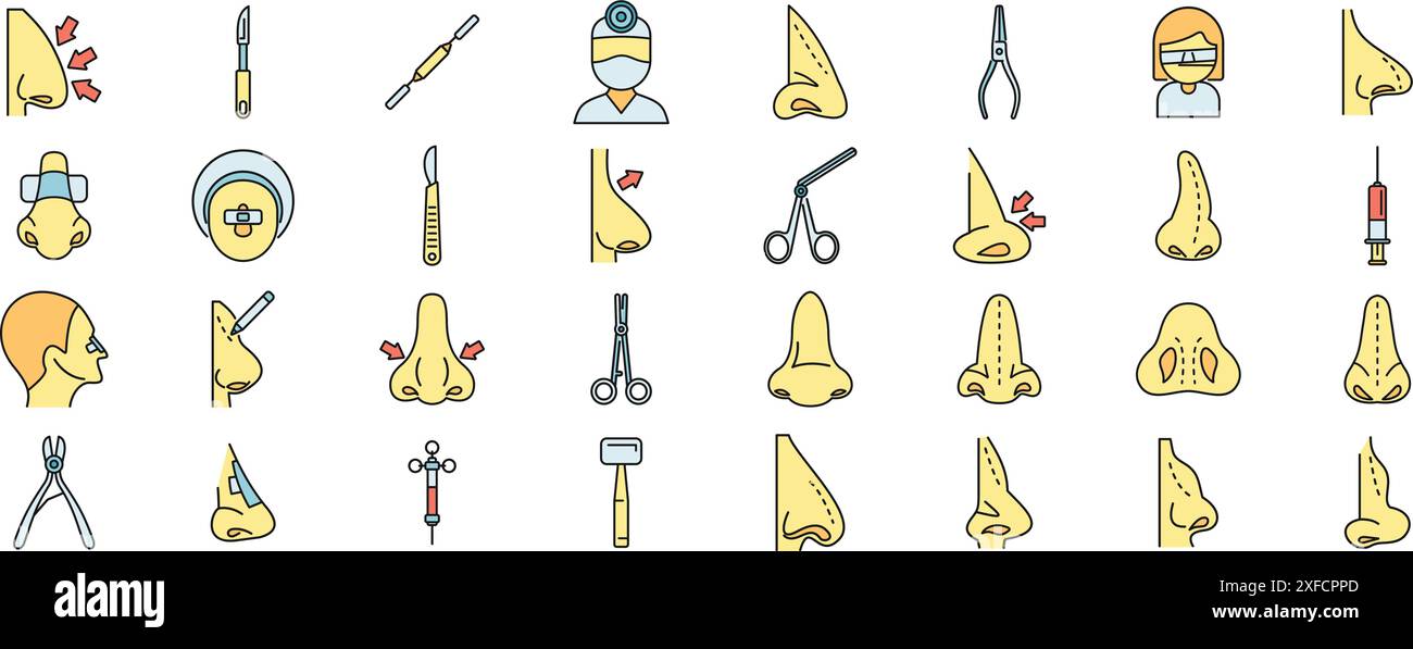 Rhinoplasty icons set outline vector. Human nose. Woman anatomy thin ...