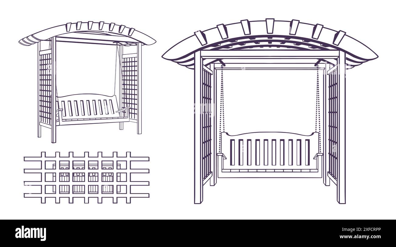 Garden swing, gazebo. Resting-place. The sketch is drawn by hand. Front ...