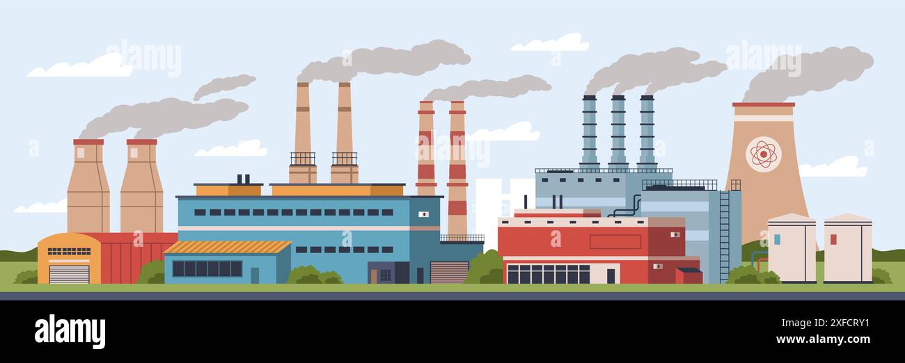 Industrial zone building. Factory with smoking pipes, nuclear power ...