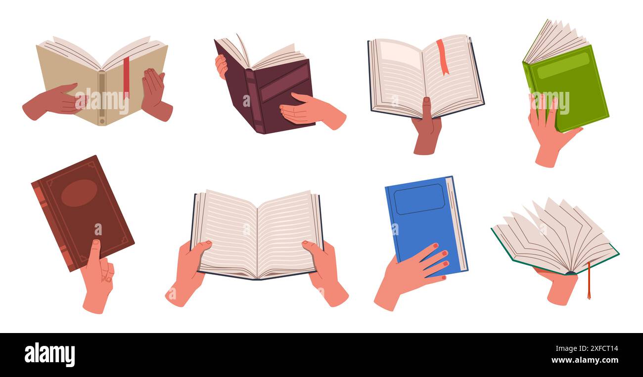 Human hands holding books. Readers with literature volumes, textbooks ...