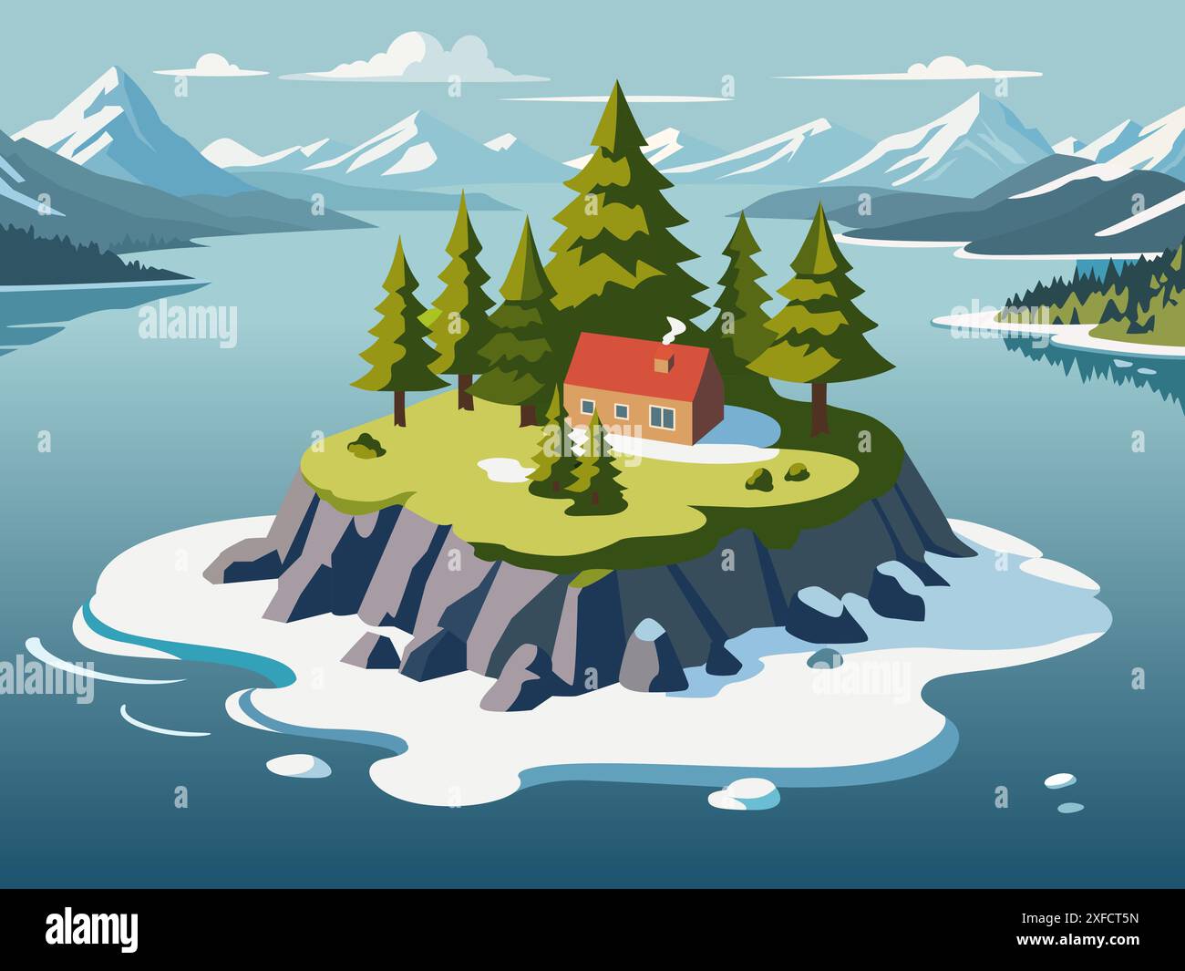 Cold cartoon island landscape. Northern nature, game location, ice ...