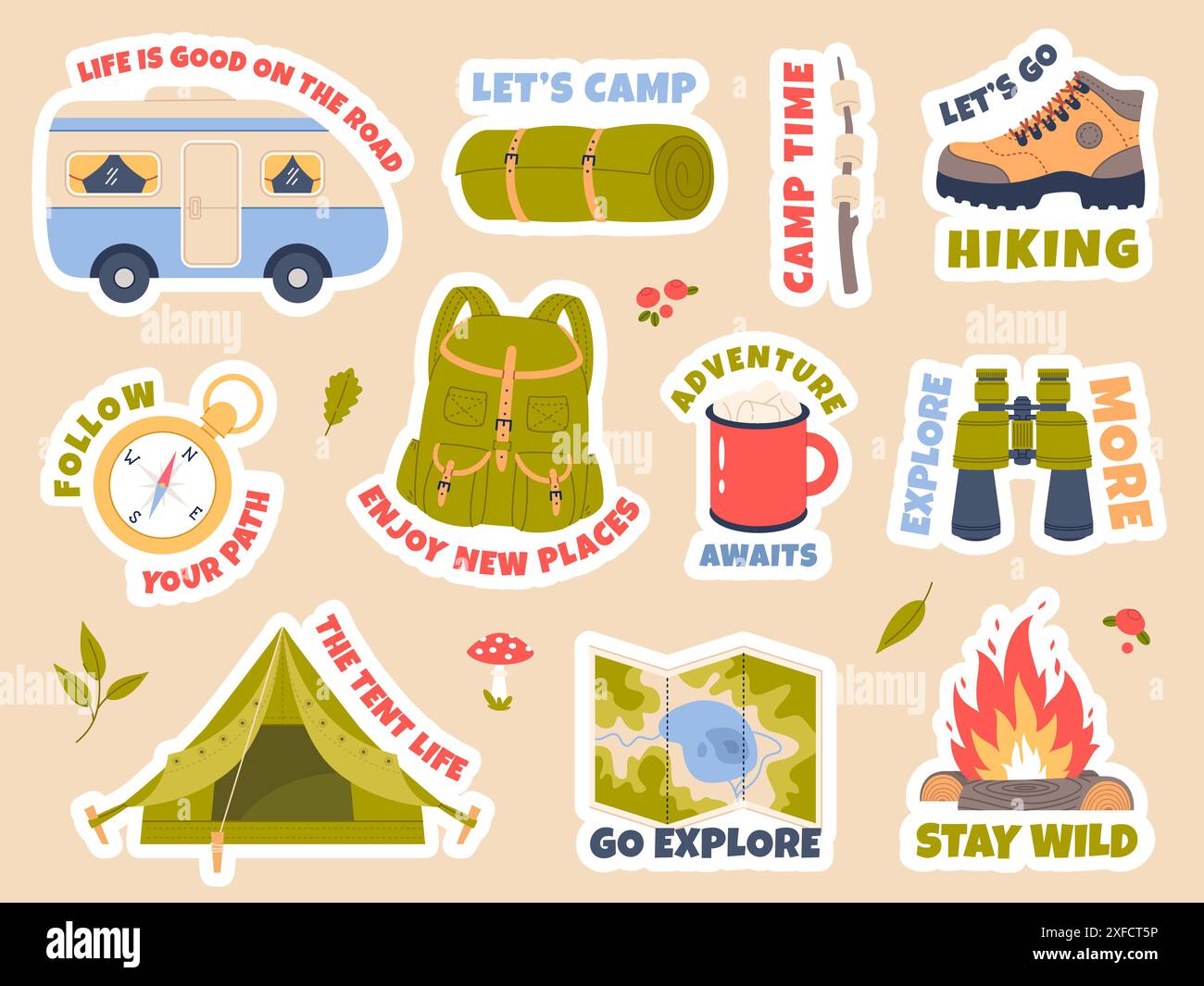 Cute camping stickers. Inspirational quotes and hiking elements, nature ...