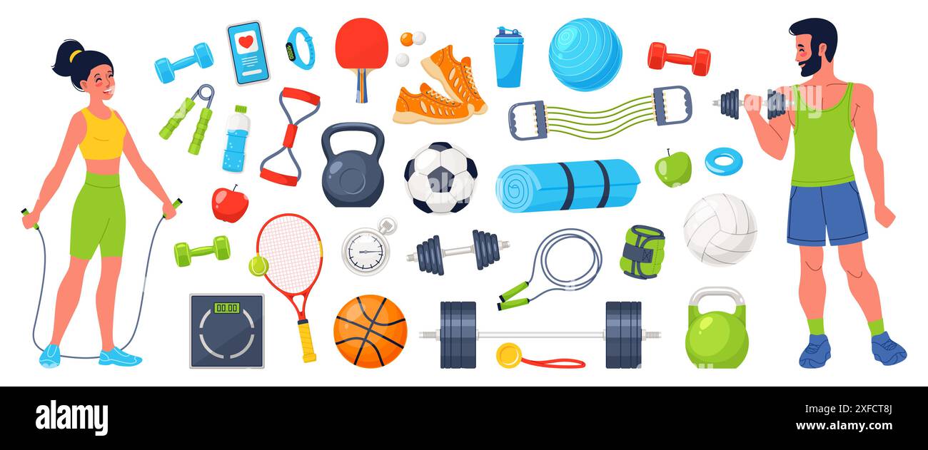 Cartoon sport elements. Guy and girl are athletes with jump rope and ...