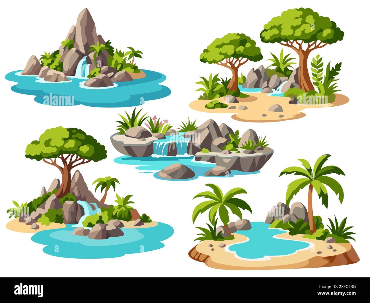 Cartoon tropical islands. Palm, reservoirs and trees, rocks and ...