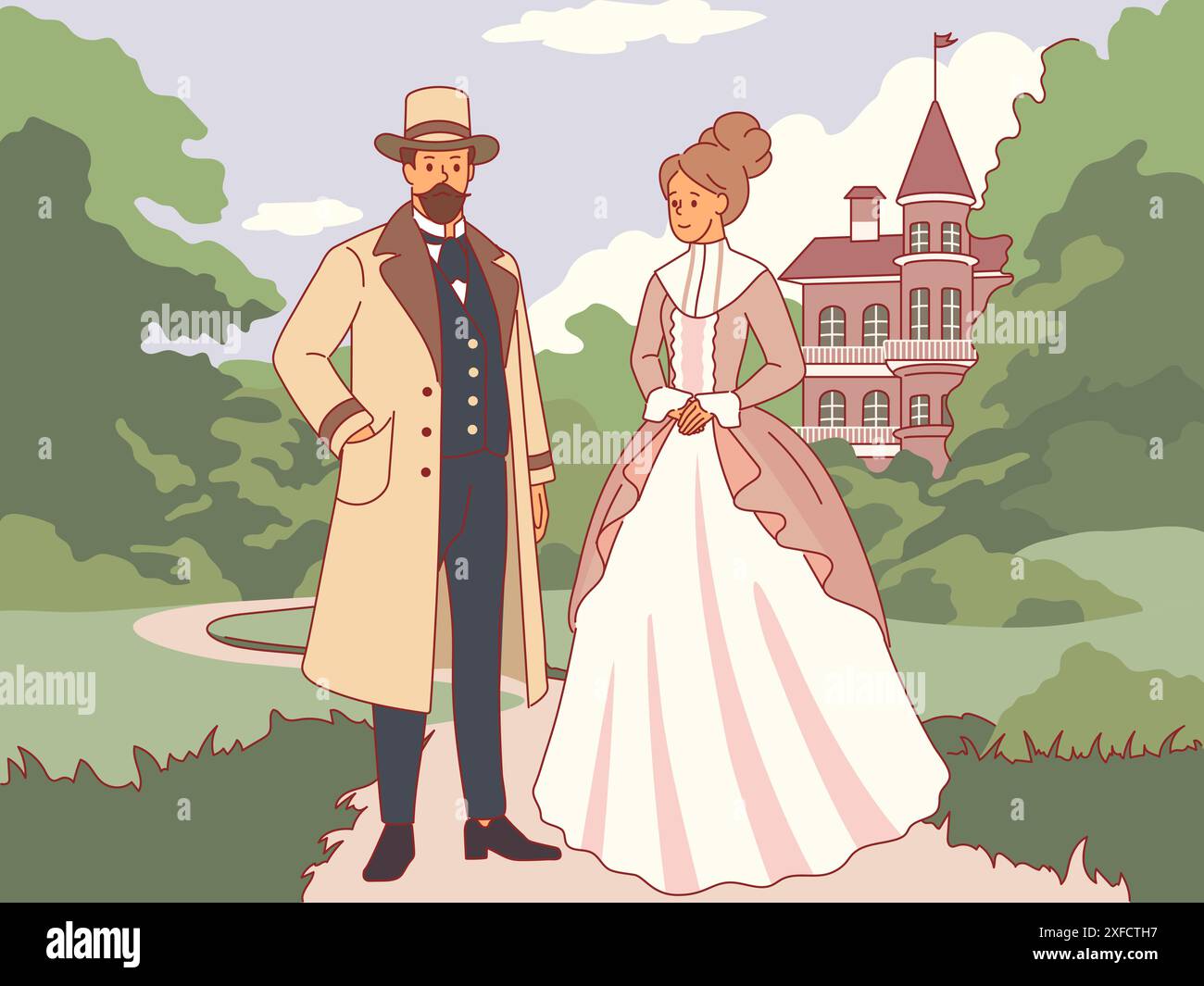 Aristocrats couple on walk. People in vintage clothes on castle ...