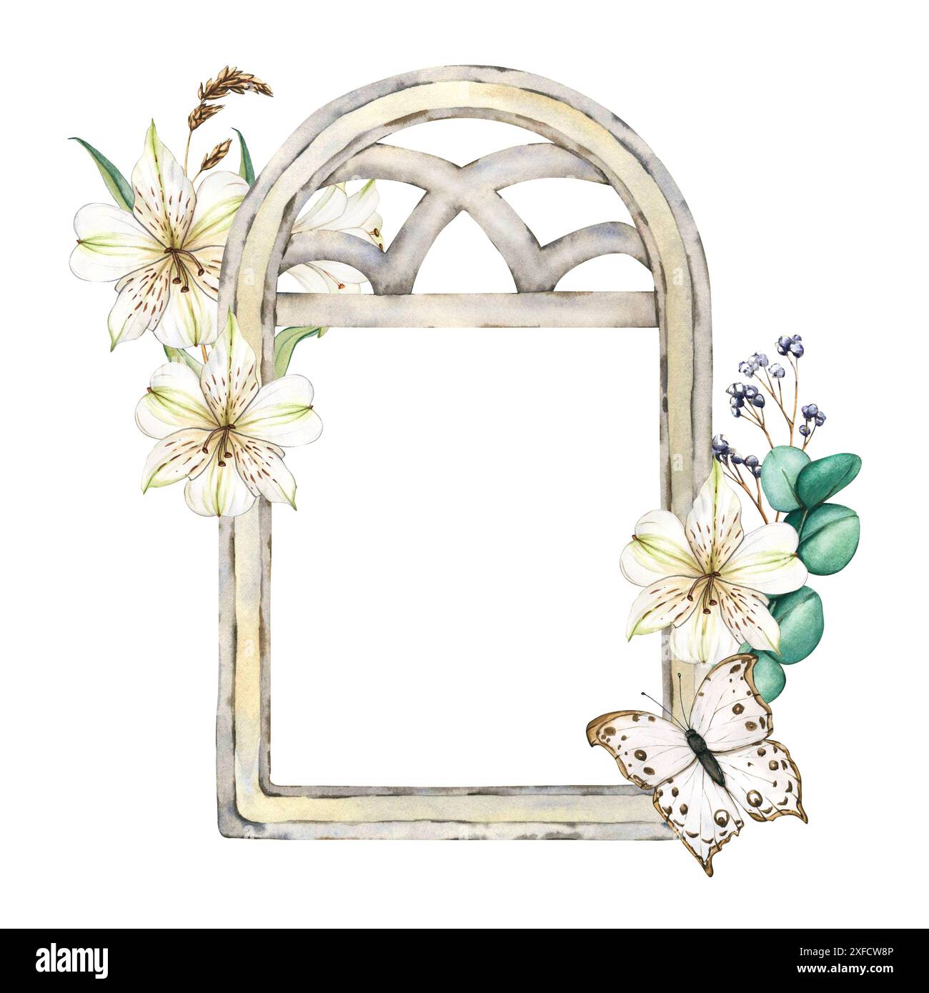 Gothic window with White flowers and Butterfly. Medieval stained glass ...