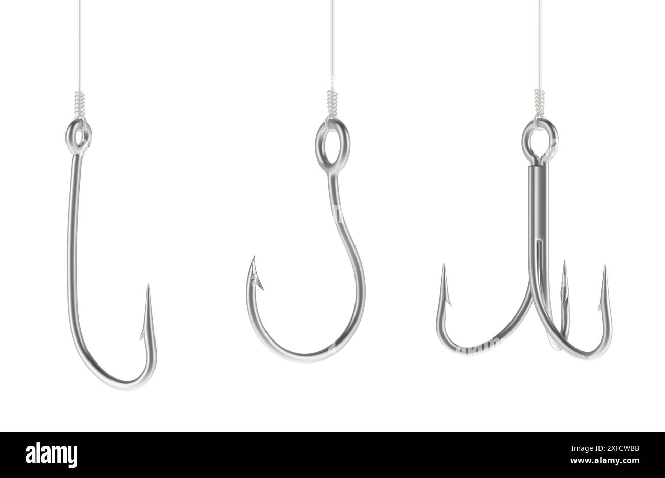 Fishing Hook, various types. 3D rendering isolated on white background ...