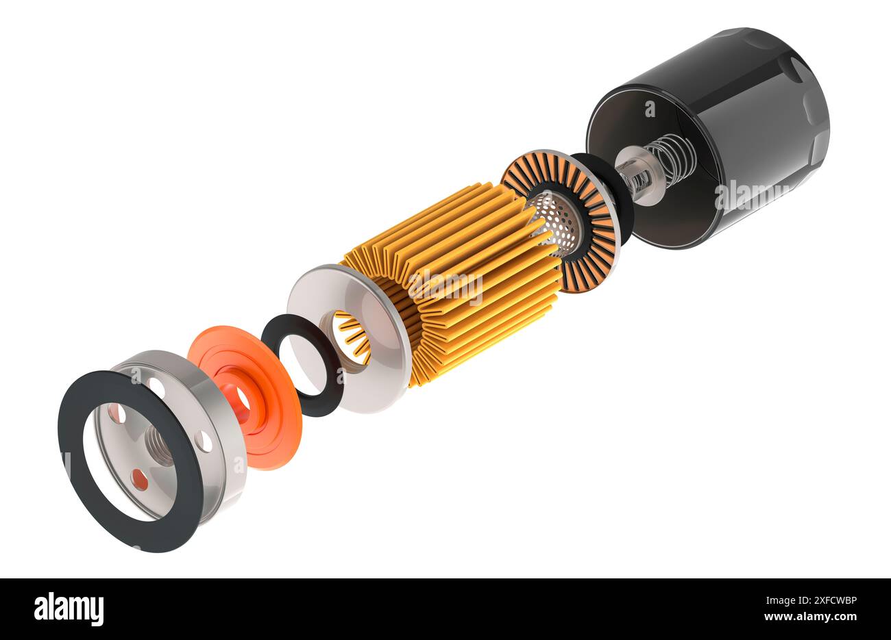Parts of car oil filter, disassembled car oil filter. 3D rendering ...