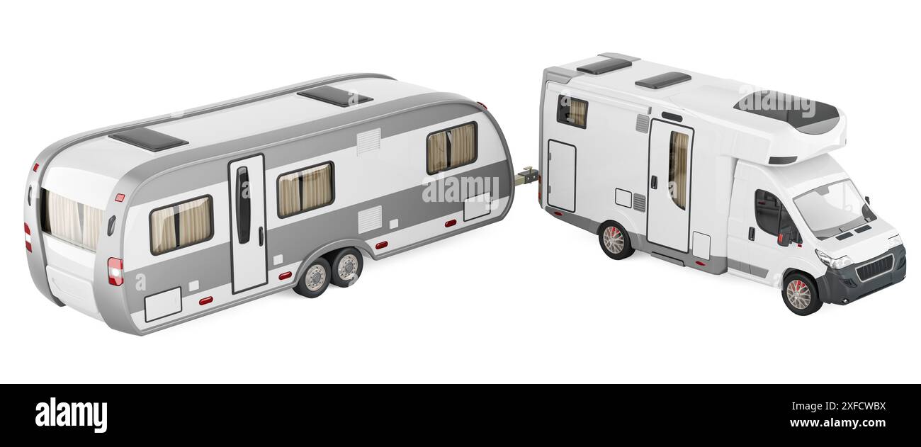 Motorhome and Caravan, 3D rendering isolated on white background Stock ...