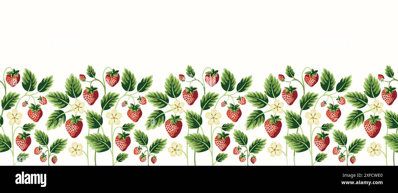 Cottage Core Garden Strawberry Patch Vector Horizontal Seamless Pattern ...