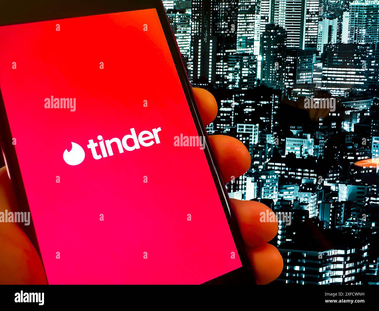 San Francisco, California, USA. 2nd July, 2024. A user viewing the Tinder app in the iOS Apple ...