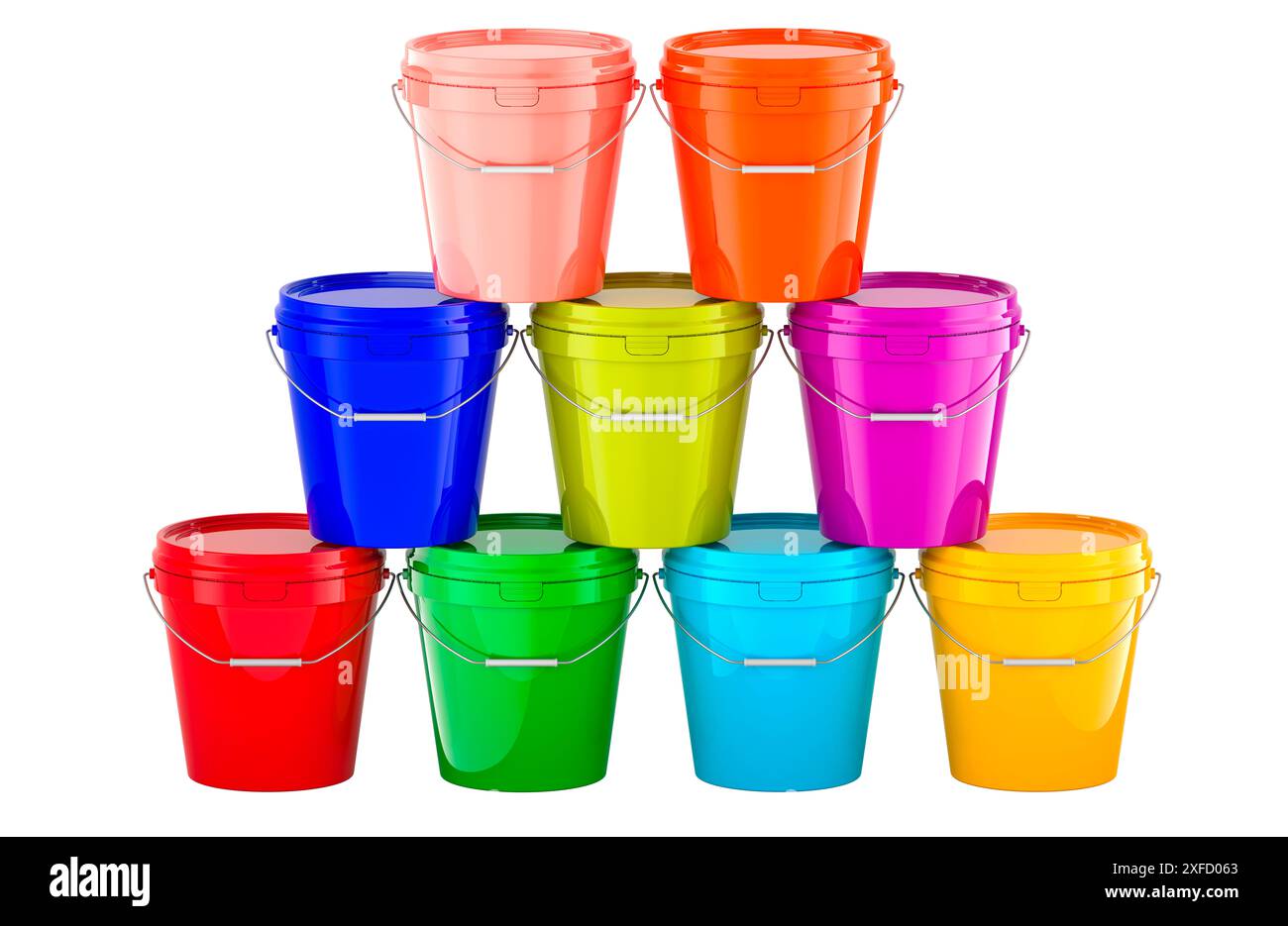 Colored Plastic Paint Buckets, 3D rendering isolated on white ...