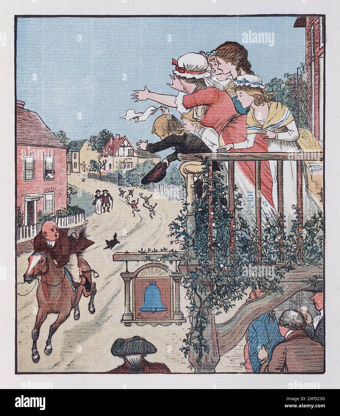 Engraving of a family waving from a balcony to a man galloping through ...