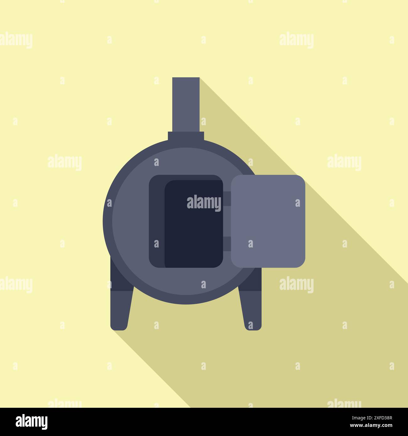 Traditional round metal stove burning wood for heating, front view with ...