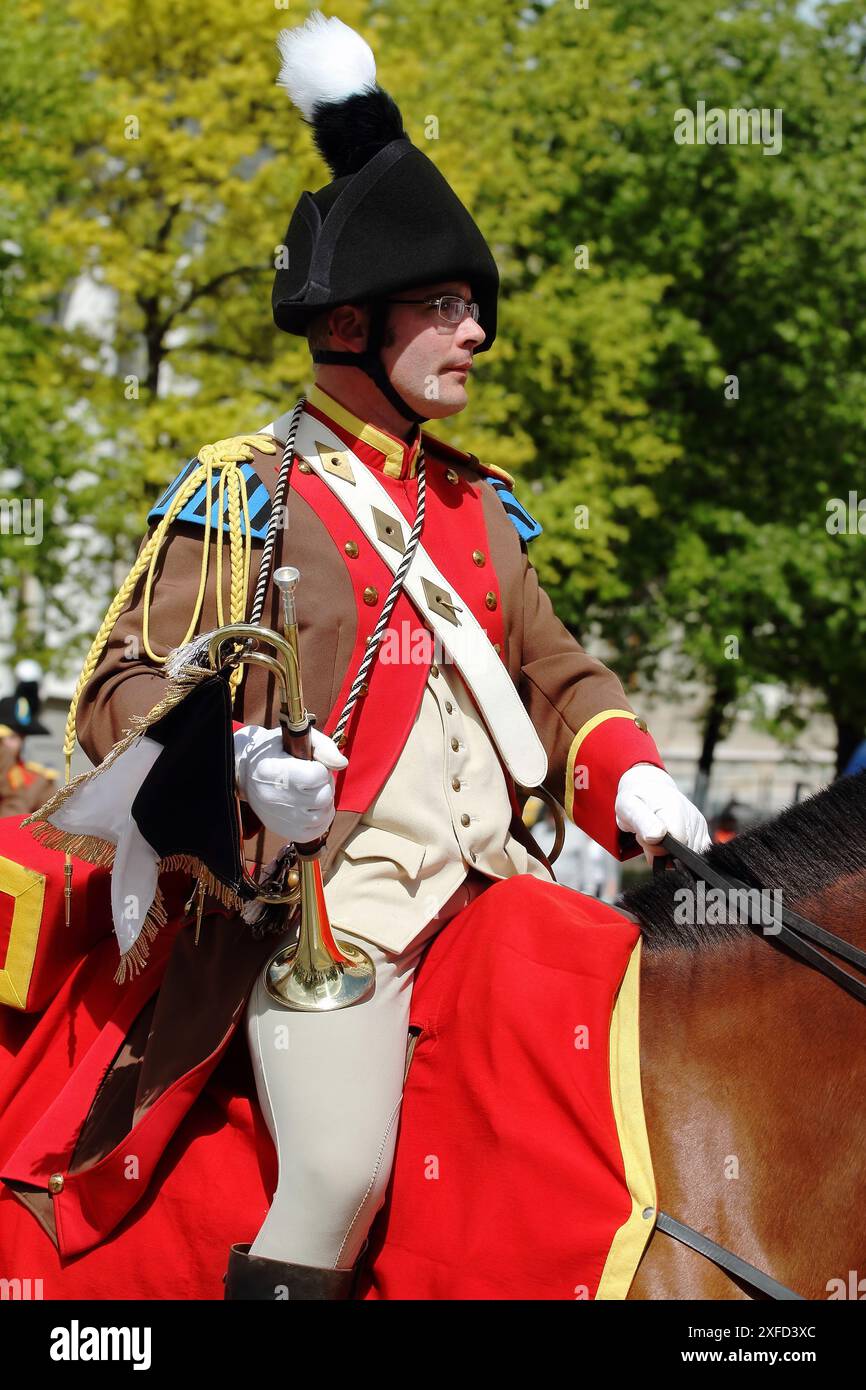 GENEVA; SWITZERLAND-May 04, 2024: Cavalry bugler - street parade ...