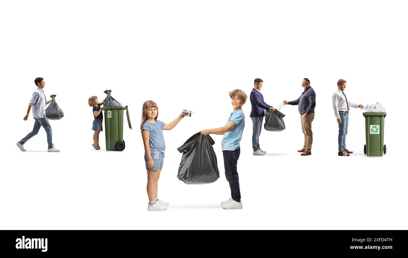 Children and adults collecting recycling materials isolated on white ...
