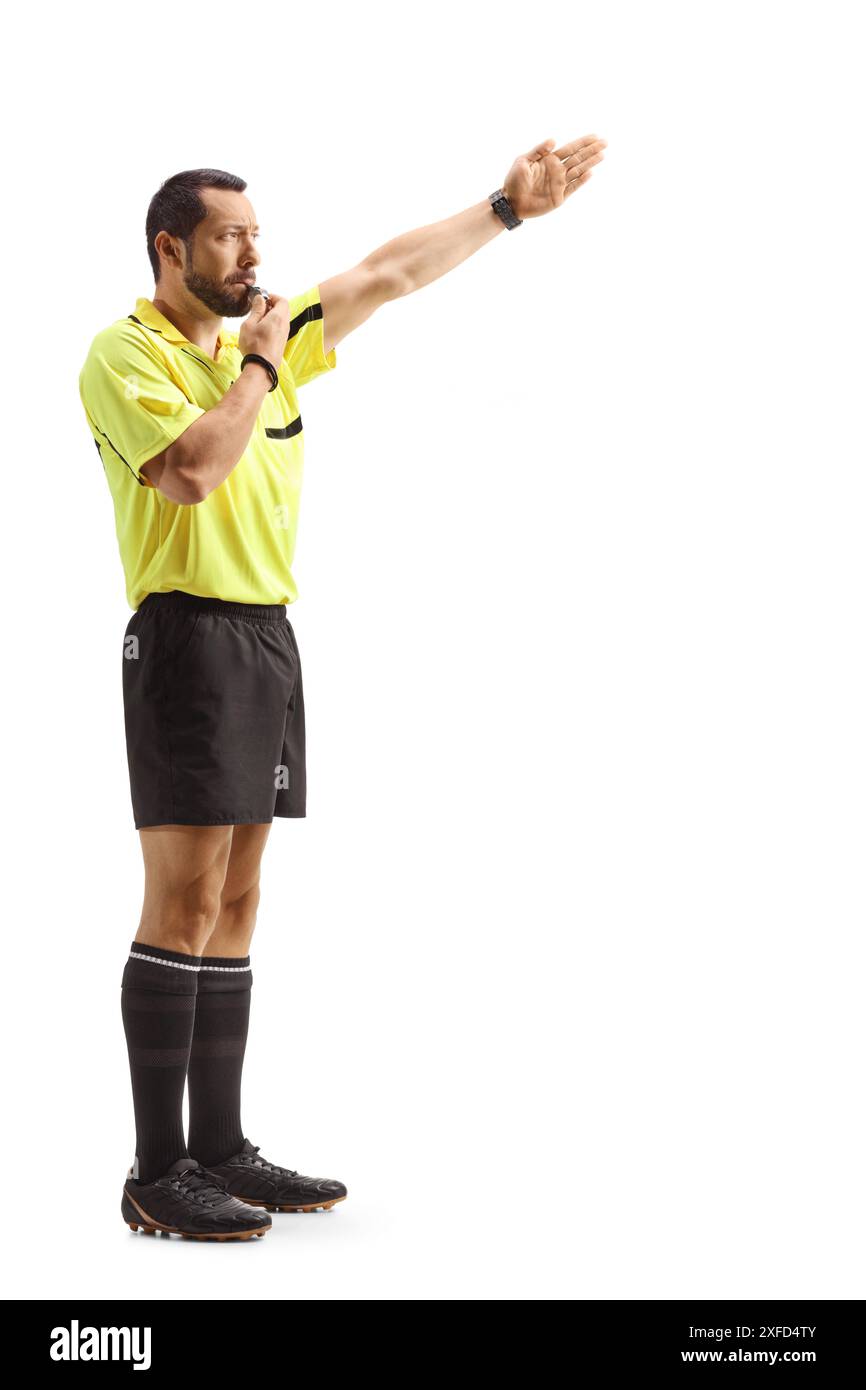 Football referee blowing a whistle and showing offside isolated on ...