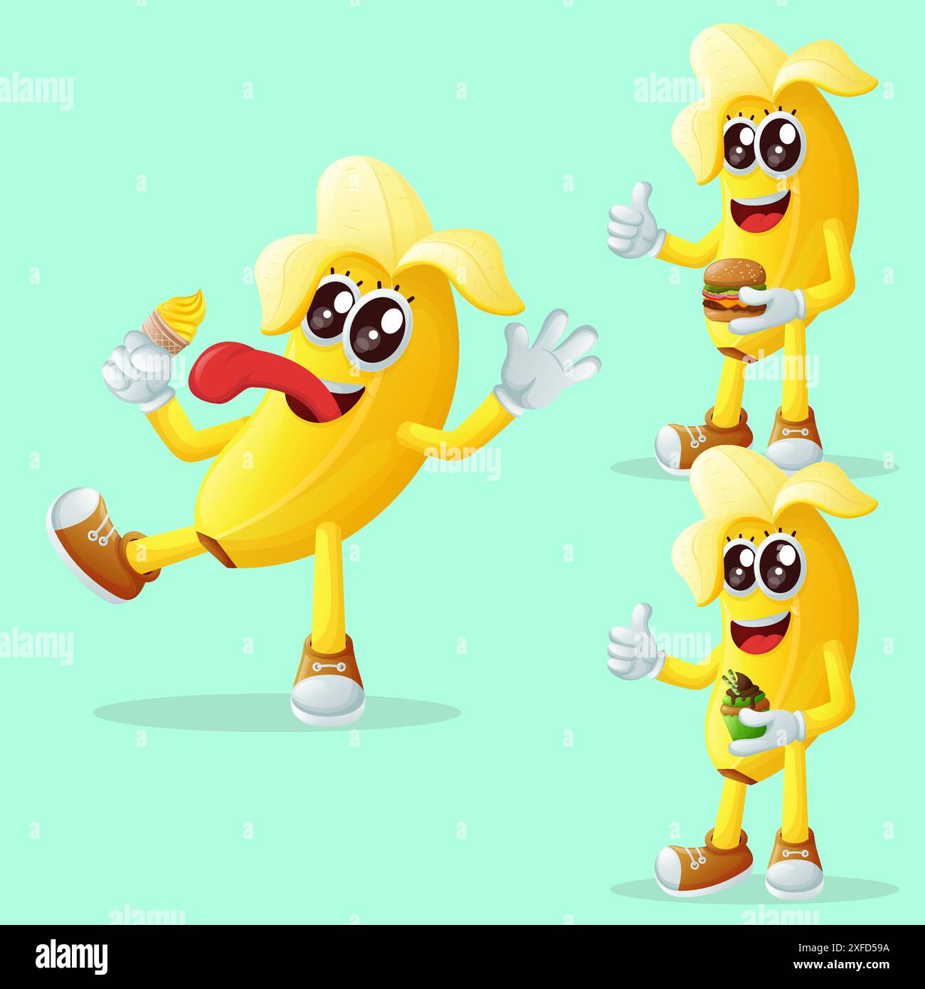 Set of cute banana characters enjoying food. Perfect for kids ...