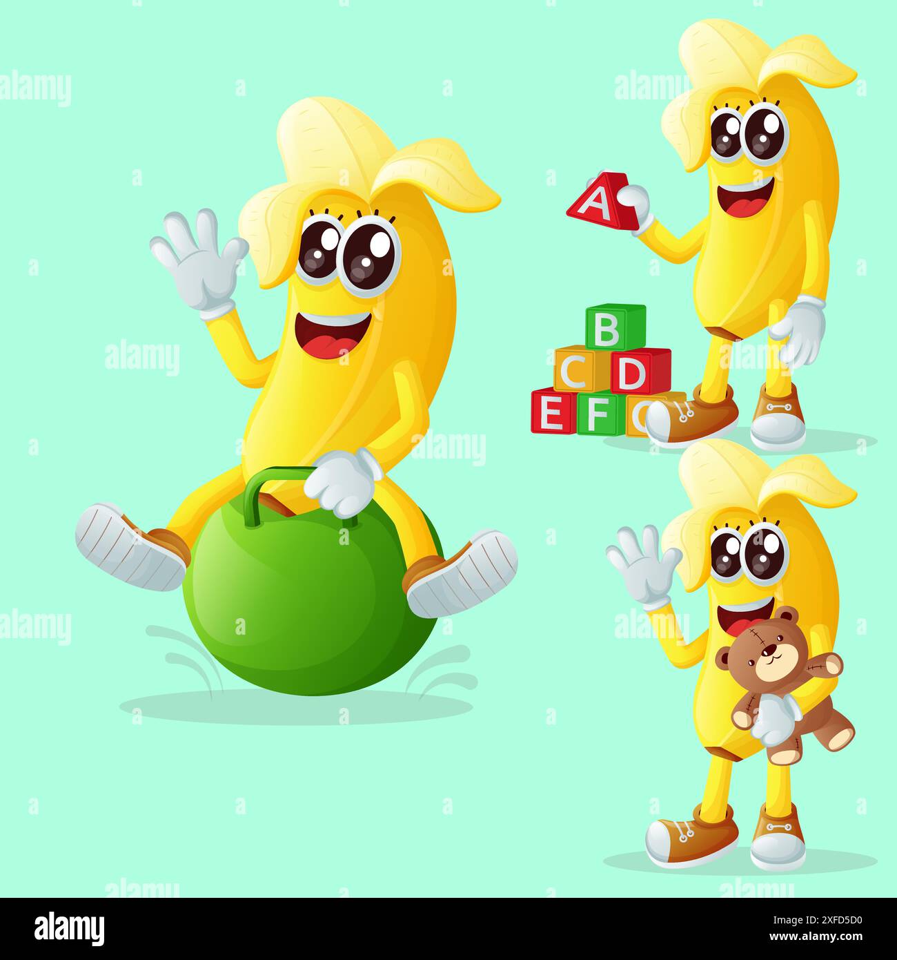 Set of cute banana characters playing with kid toys. Perfect for kids ...