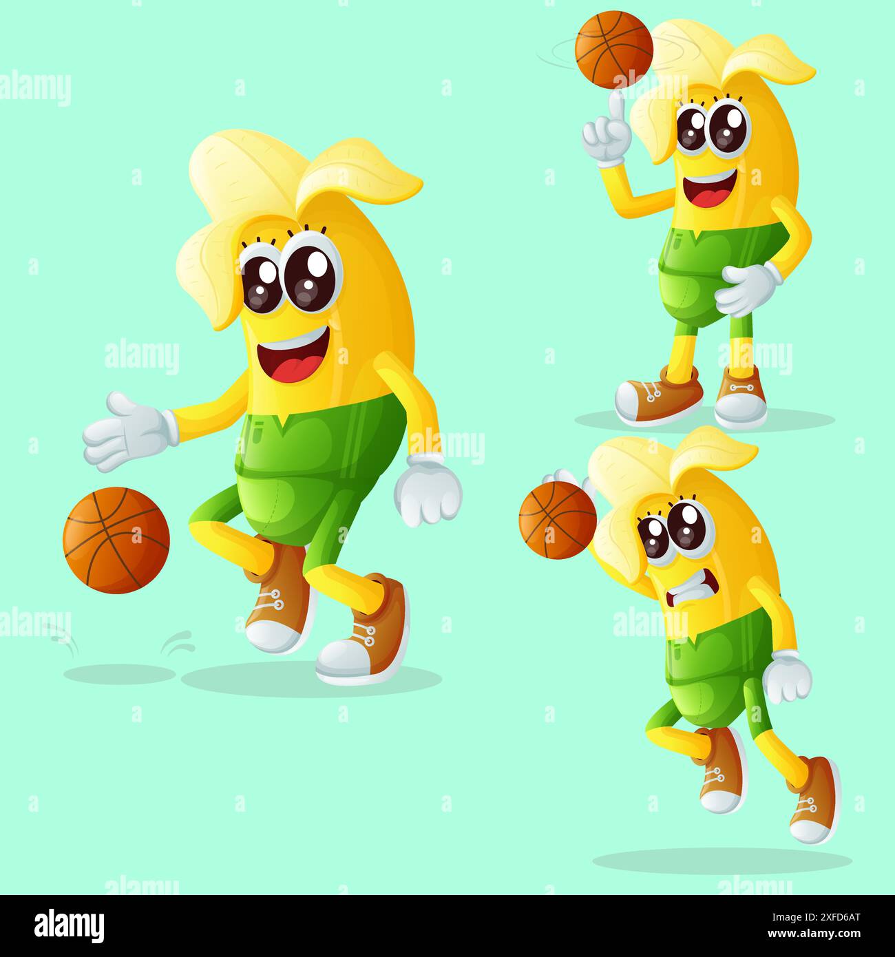 Set of cute banana characters playing basketball. Perfect for kids ...
