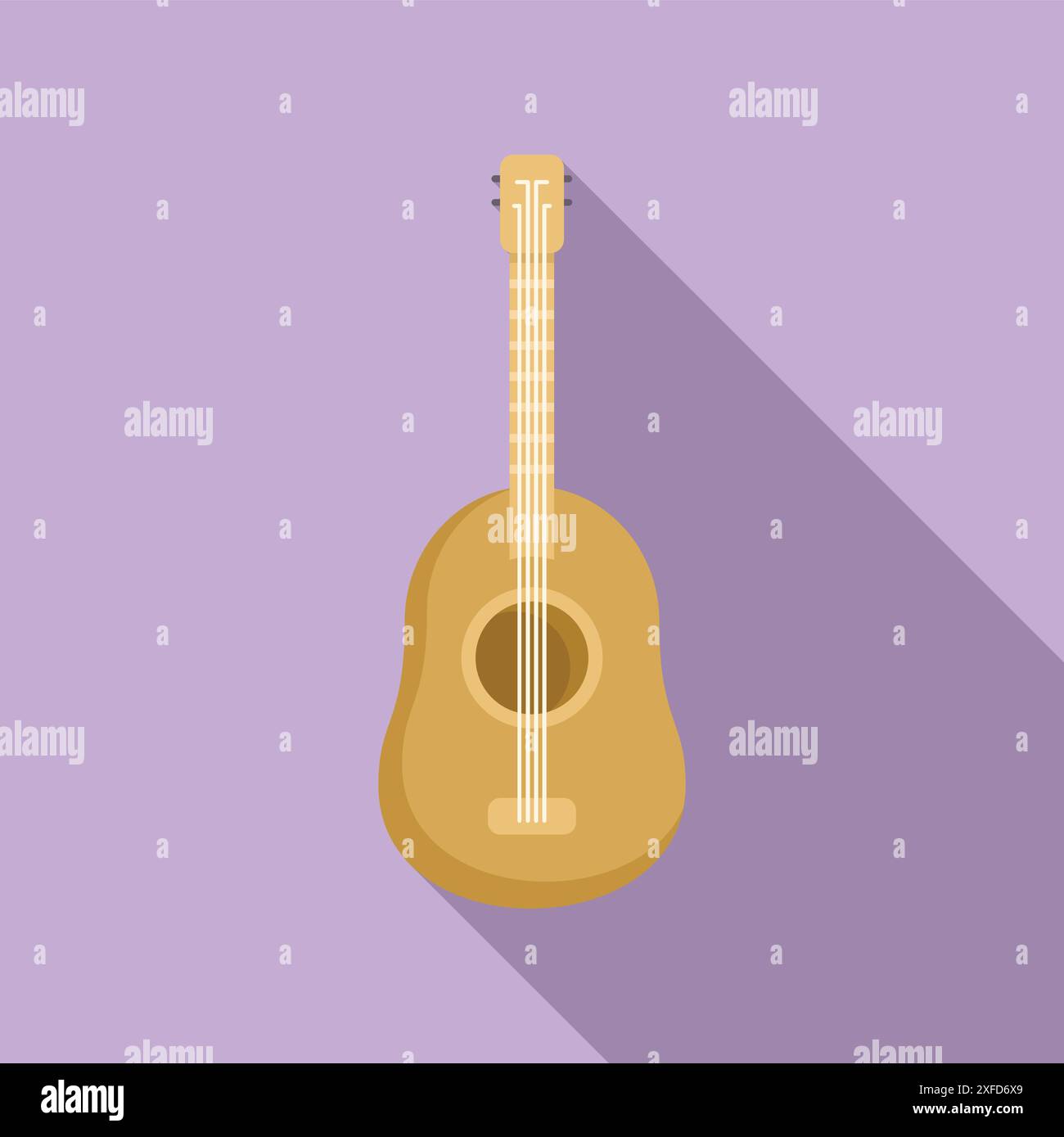 Acoustic guitar with six strings is standing up on a purple background ...
