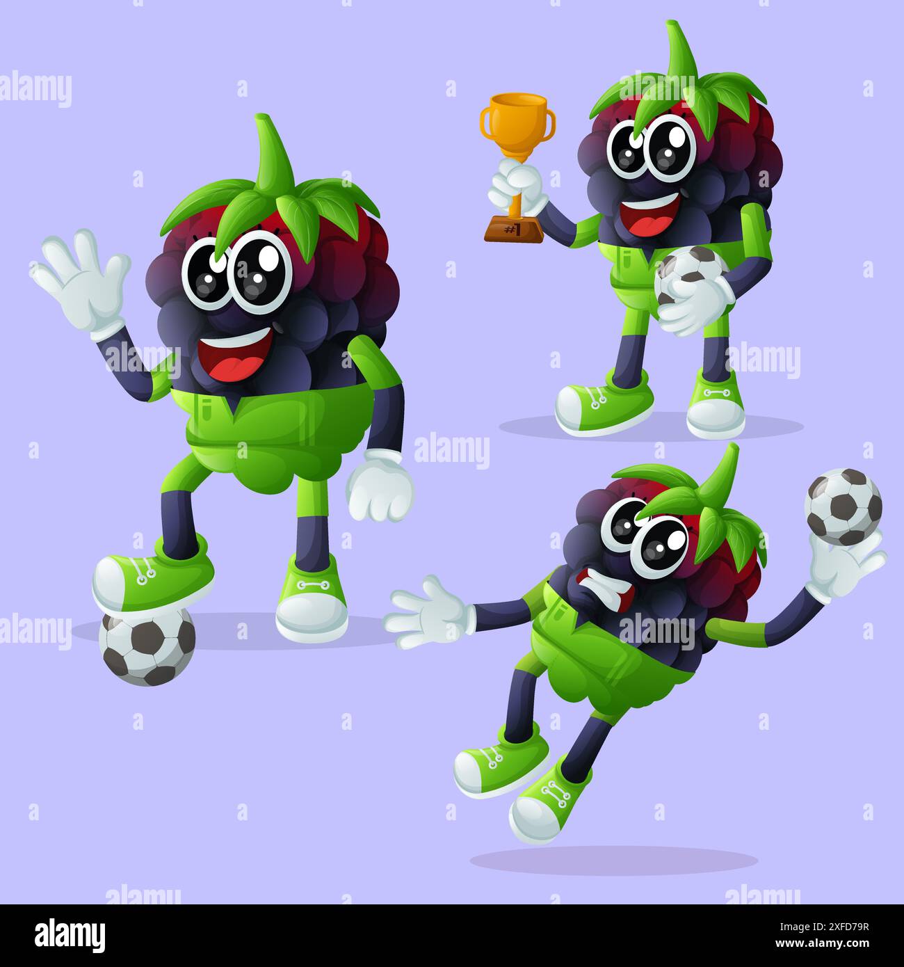 Set of cute blackberry characters playing soccer. Perfect for kids ...